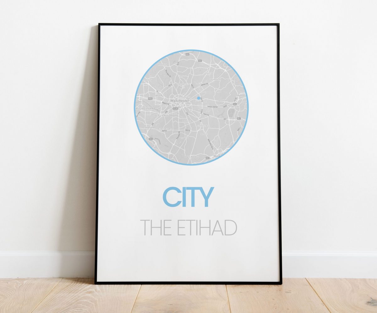 Manchester City, The Etihad stadium location map print - The Half Way Line